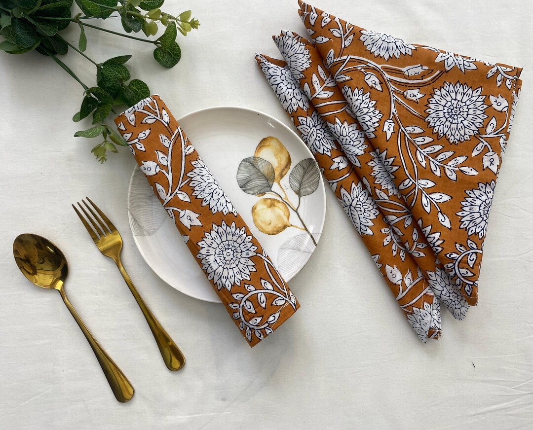 Hand Block Printed Cotton Napkin Set: Floral Table Decor - Etsy