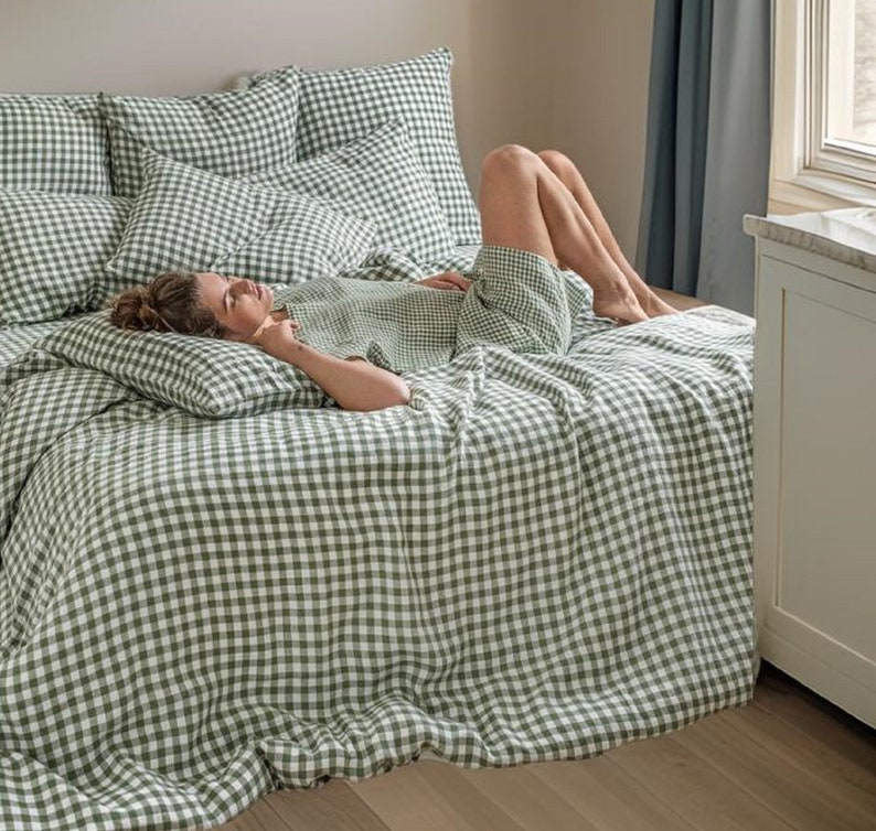 Stonewashed Linen Duvet Cover Set Gingham Checkered Bedding. 100% Linen ...