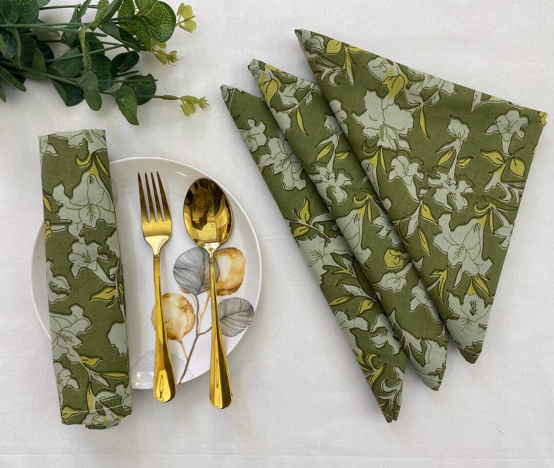 Olive Green Block Print Cotton Napkins: Boho Wedding Table Decor - Etsy
