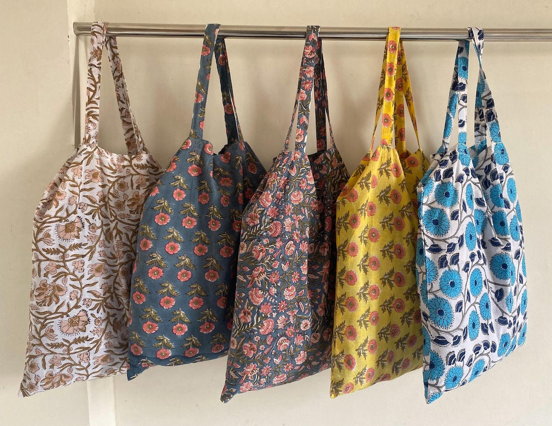 Hand Block Print Cotton Tote Bag: Floral Market Bag - Etsy