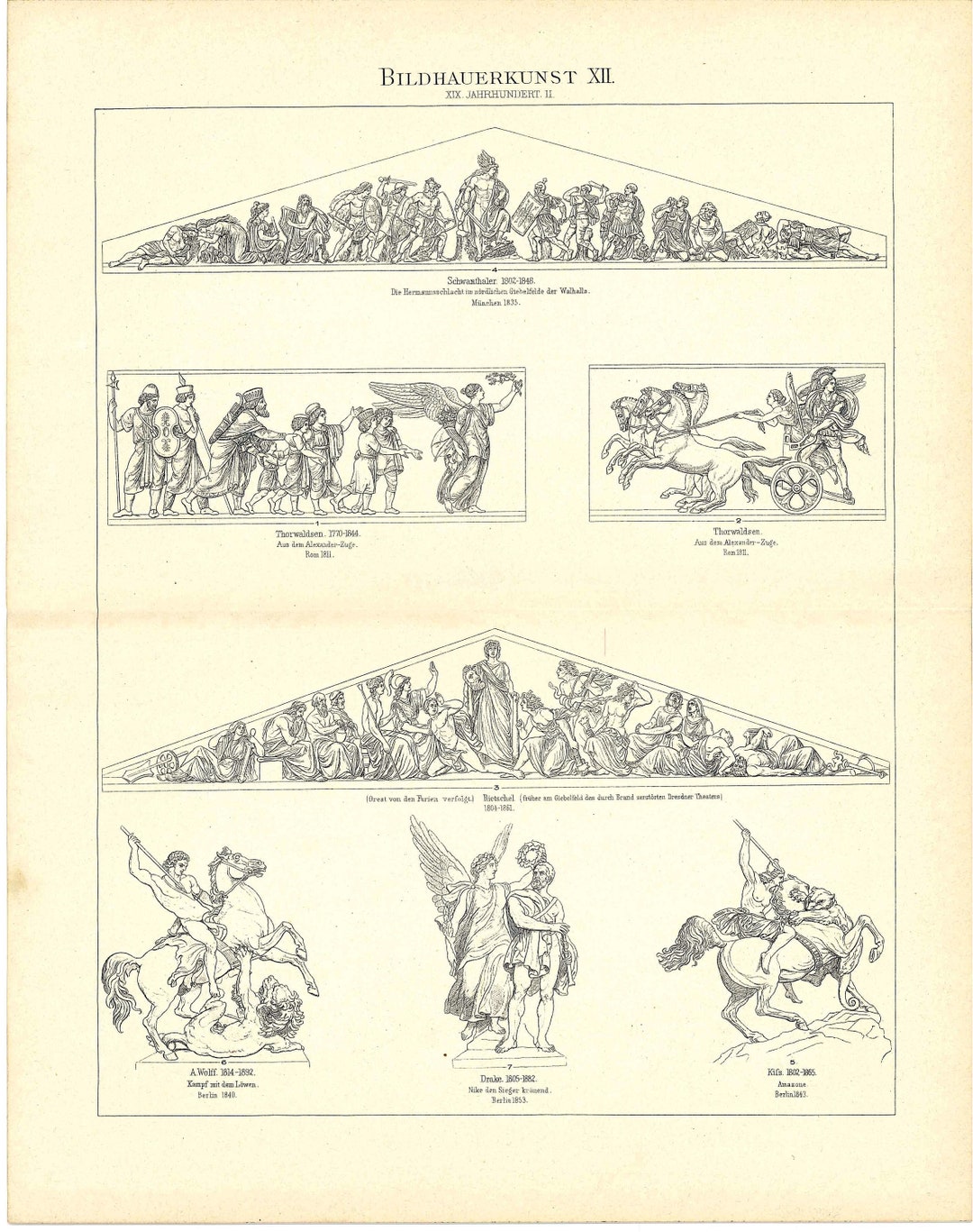 Original 1897 Antique Colour Lithography Print of Different Sculptures ...