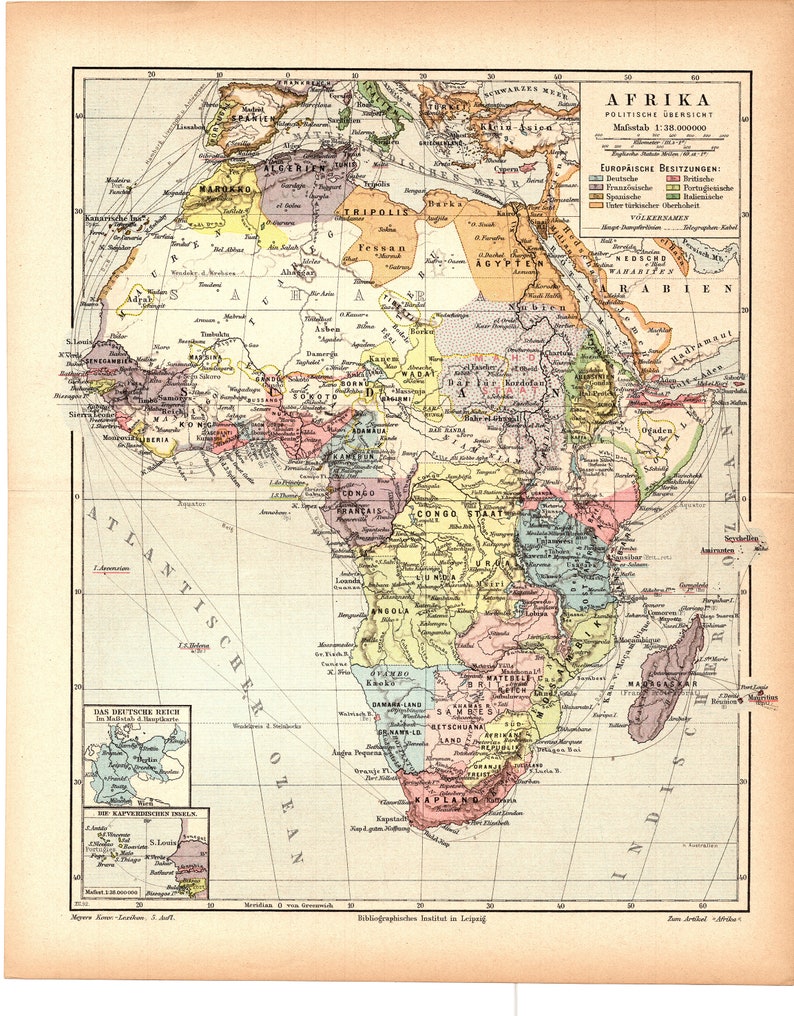 Original 1893 Antique Colour Lithography Print African River Mountain ...