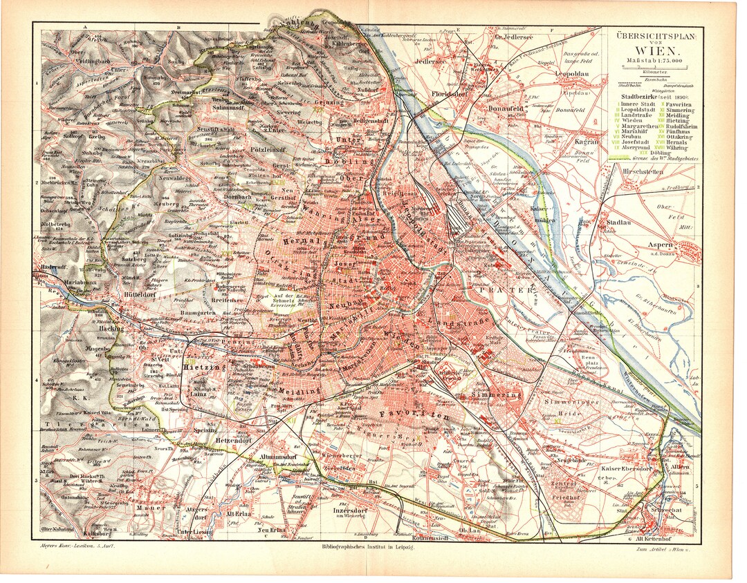 Original 1897 Antique Colour Lithography Print Historic Map Vienna ...