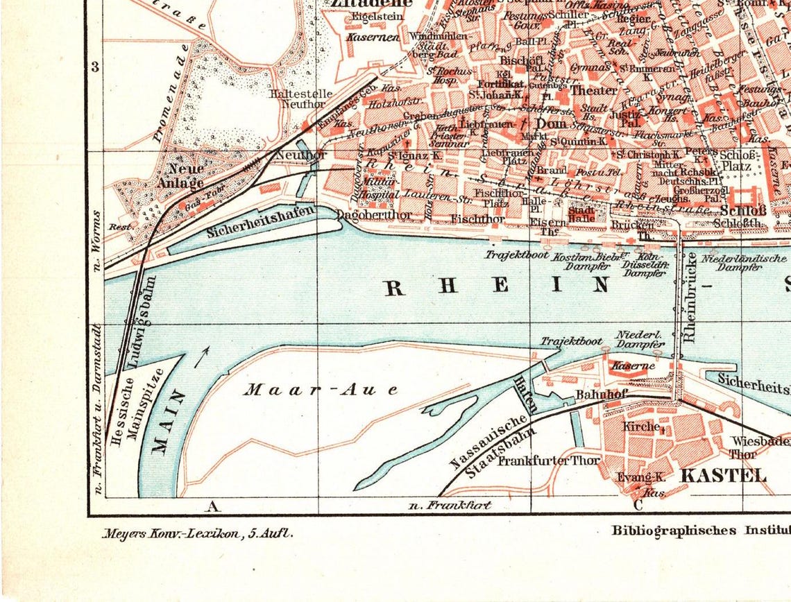 Original 1897 Antique Colour Lithography Print Map Mainz Western ...