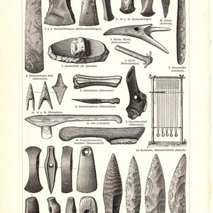 Original 1908 Antique Colour Lithography Print of Stone Age Group ...
