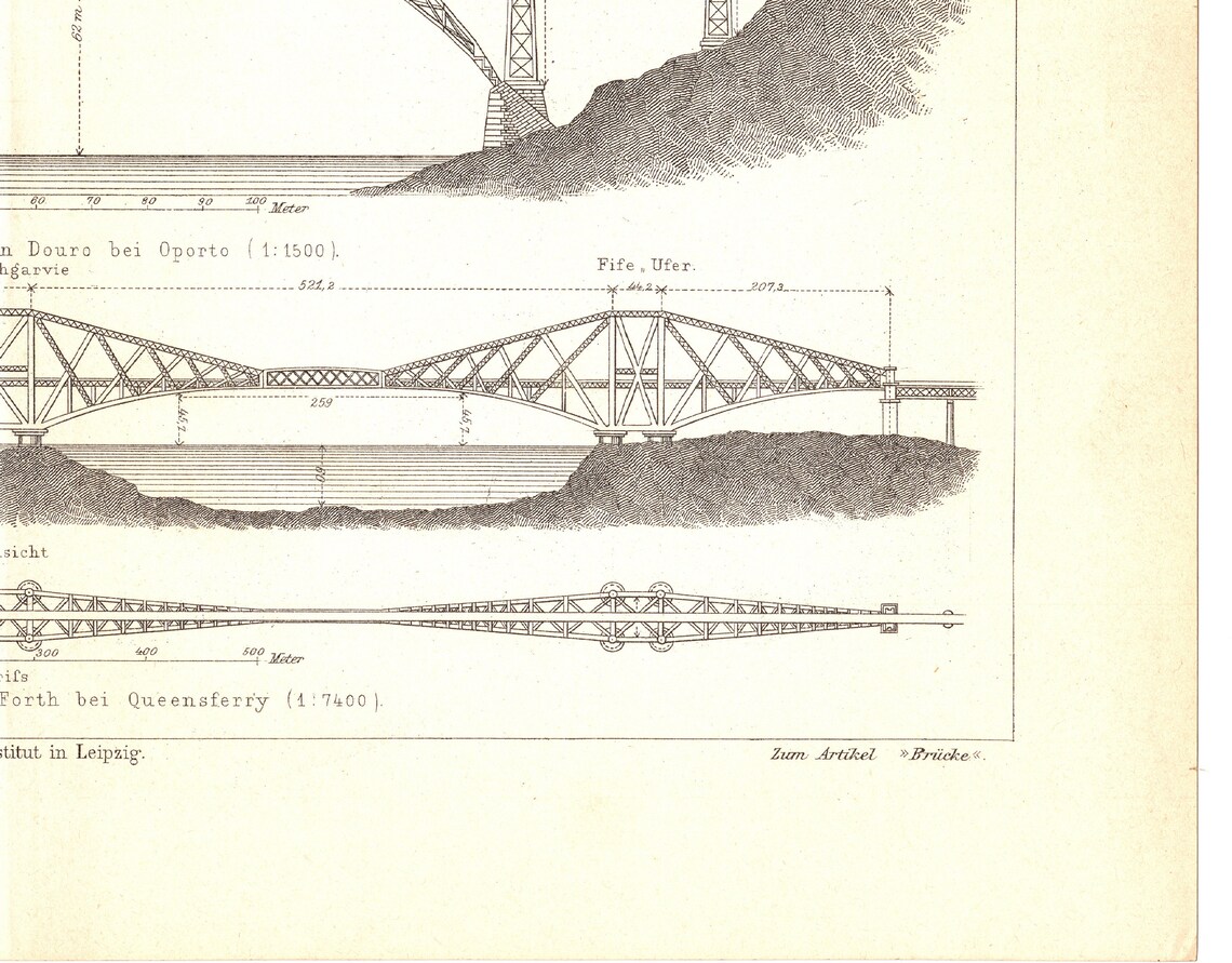 Original 1893 Antique Lithography Print Iron Bridges Engineering ...