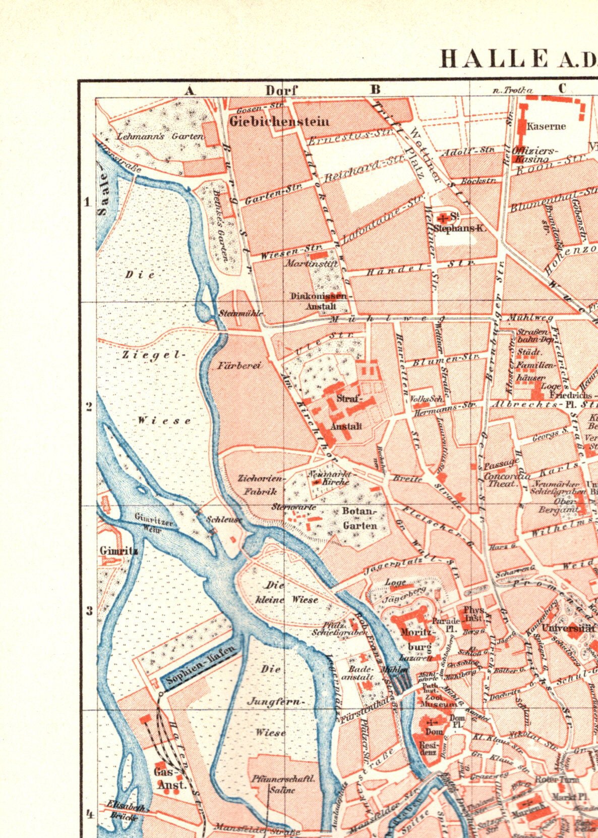 Original 1895 Antique Colour Lithography Print of a Map of Halle (saale ...