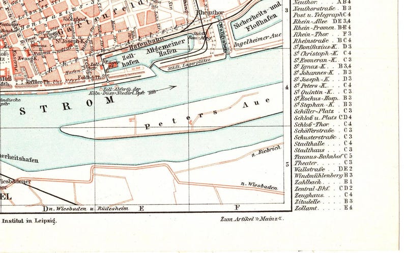 Original 1897 Antique Colour Lithography Print Map Mainz Western ...