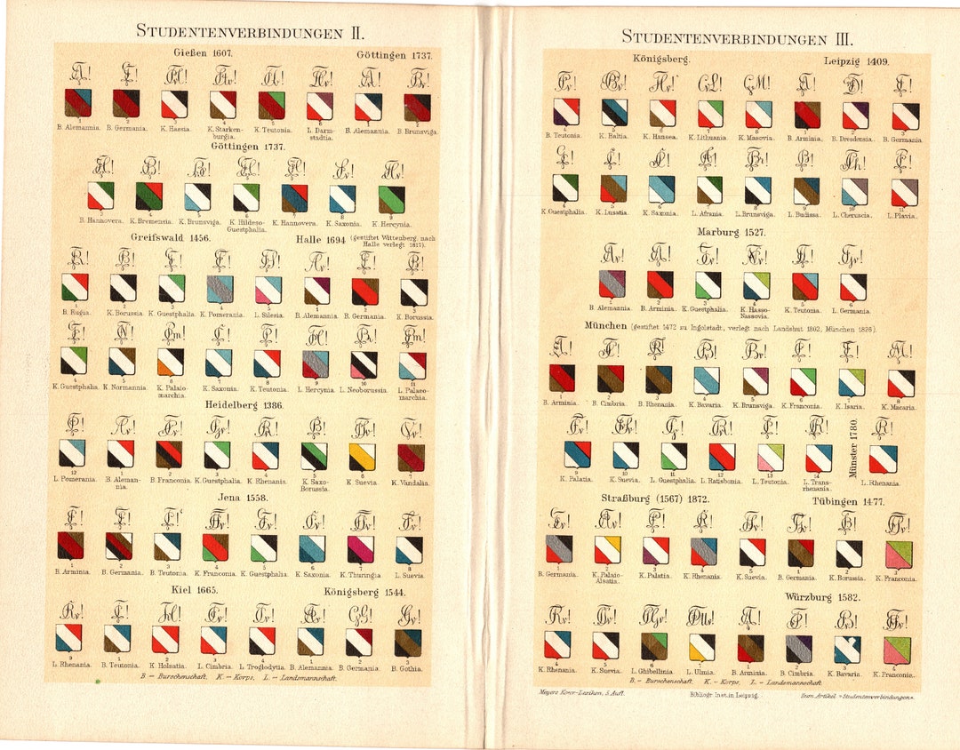 Original 1897 Antique Colour Lithography Print Student Crests Flags ...
