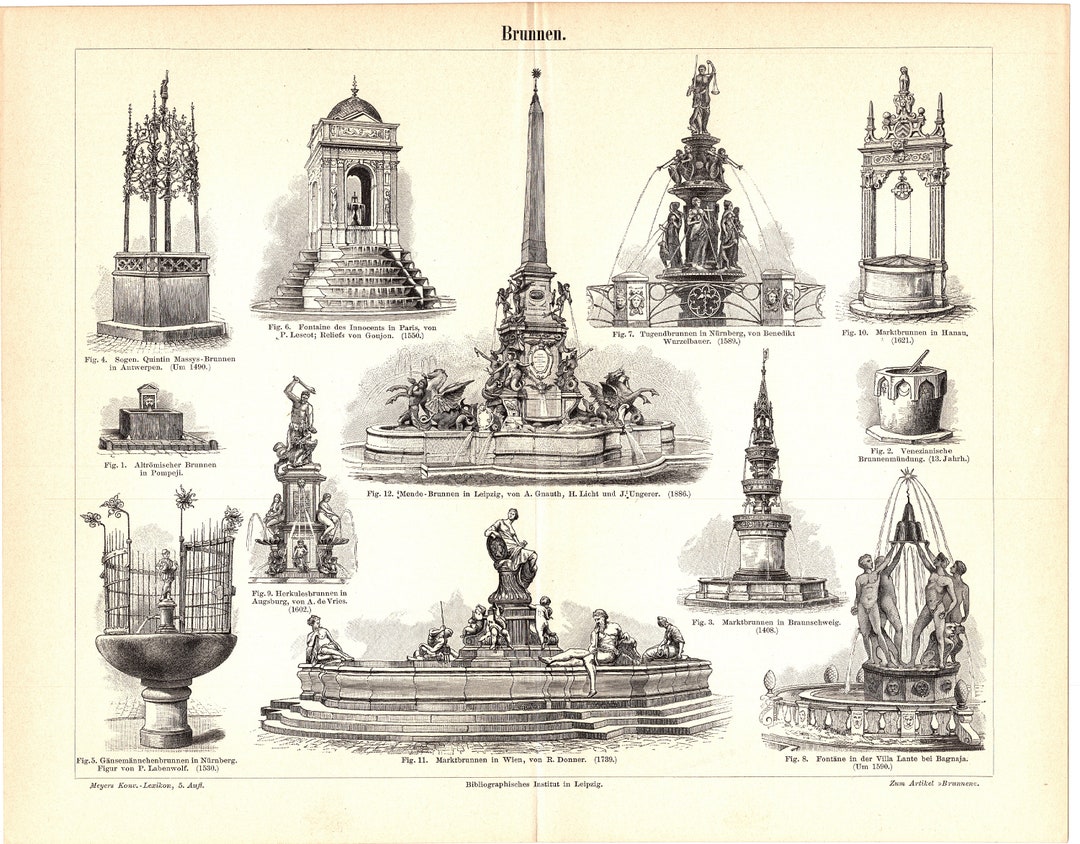 Original 1893 Antique Lithography Print of Different European Fountains ...