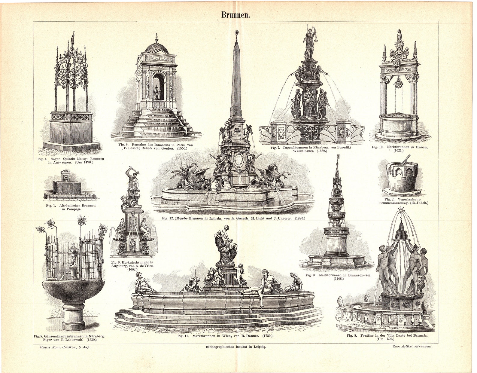 Original 1893 Antique Lithography Print of Different European Fountains ...