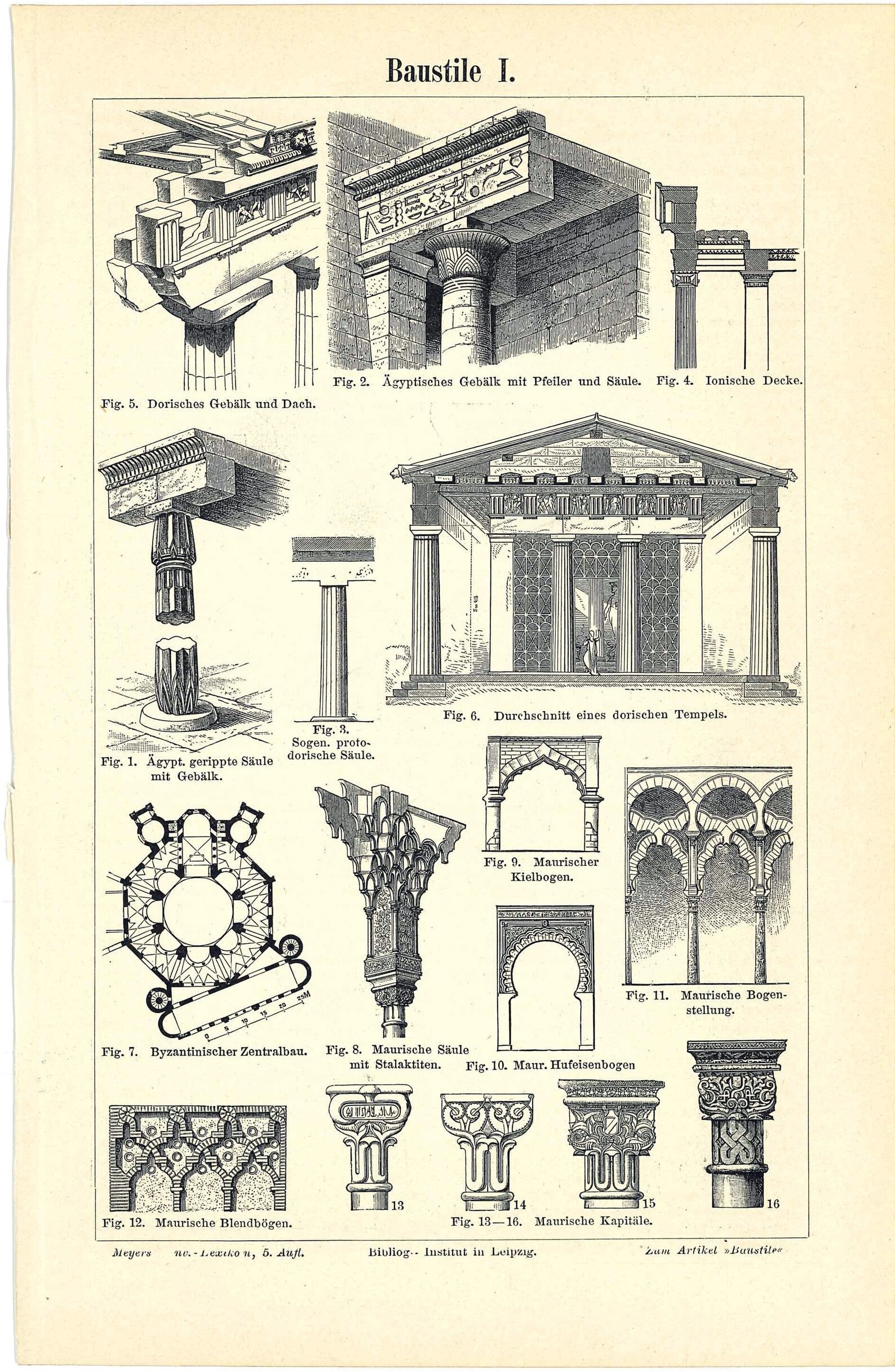 Original 1897 Antique Colour Lithography Print Ancient Columns Pillar ...