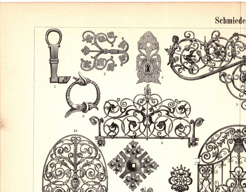 Original 1897 Antique Colour Lithography Print of Antique Gates Locks ...