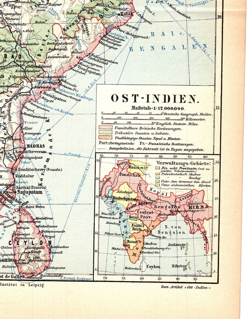 Original 1897 Antique Colour Lithography Map British Raj India ...