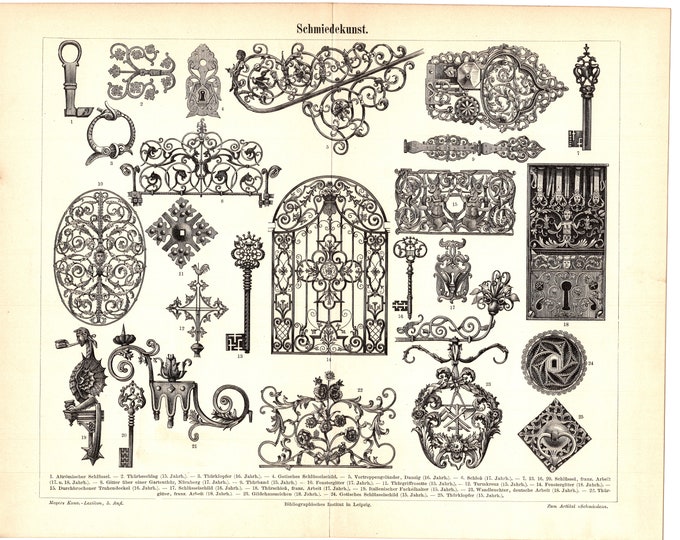 Original 1897 Antique Colour Lithography Print of Antique Gates Locks ...