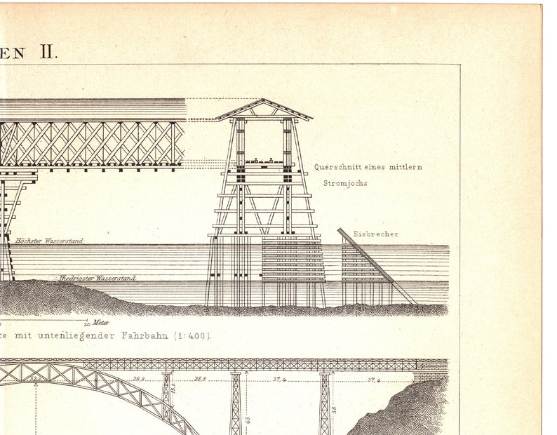 Original 1893 Antique Lithography Print Iron Bridges Engineering ...