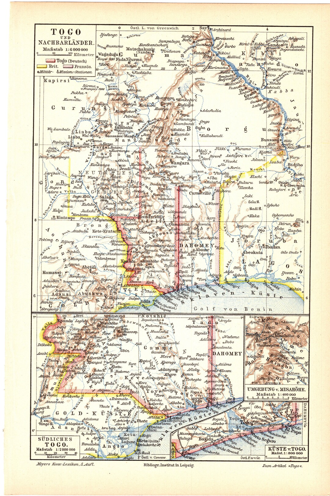 Original 1897 Antique Colour Lithography Print Historic Map of Cameroon ...