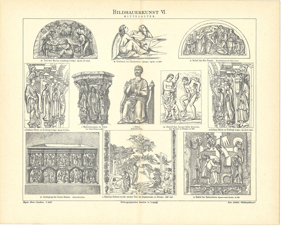 Original 1897 Antique Colour Lithography Print of Different Sculptures ...
