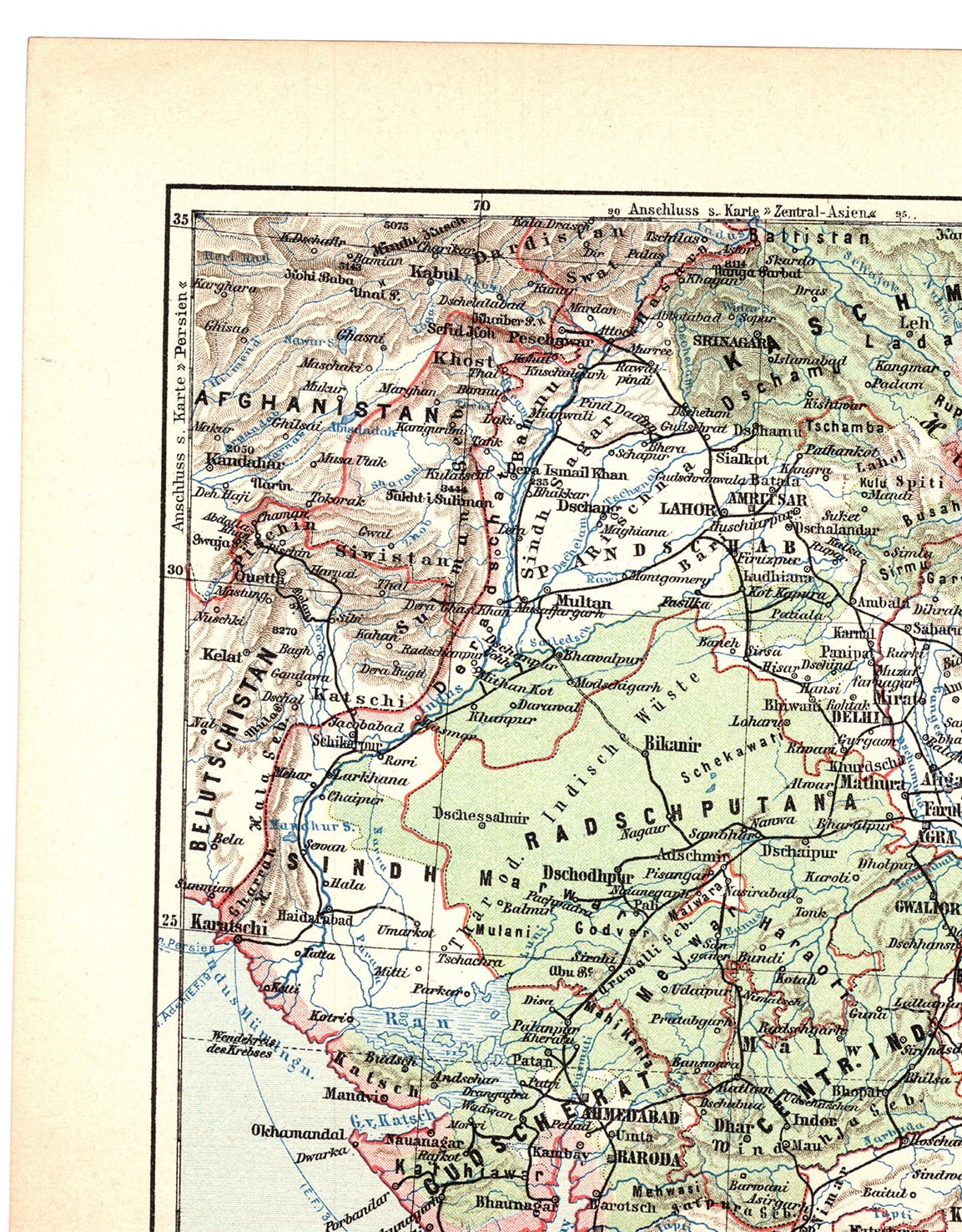 Original 1897 Antique Colour Lithography Map British Raj India ...