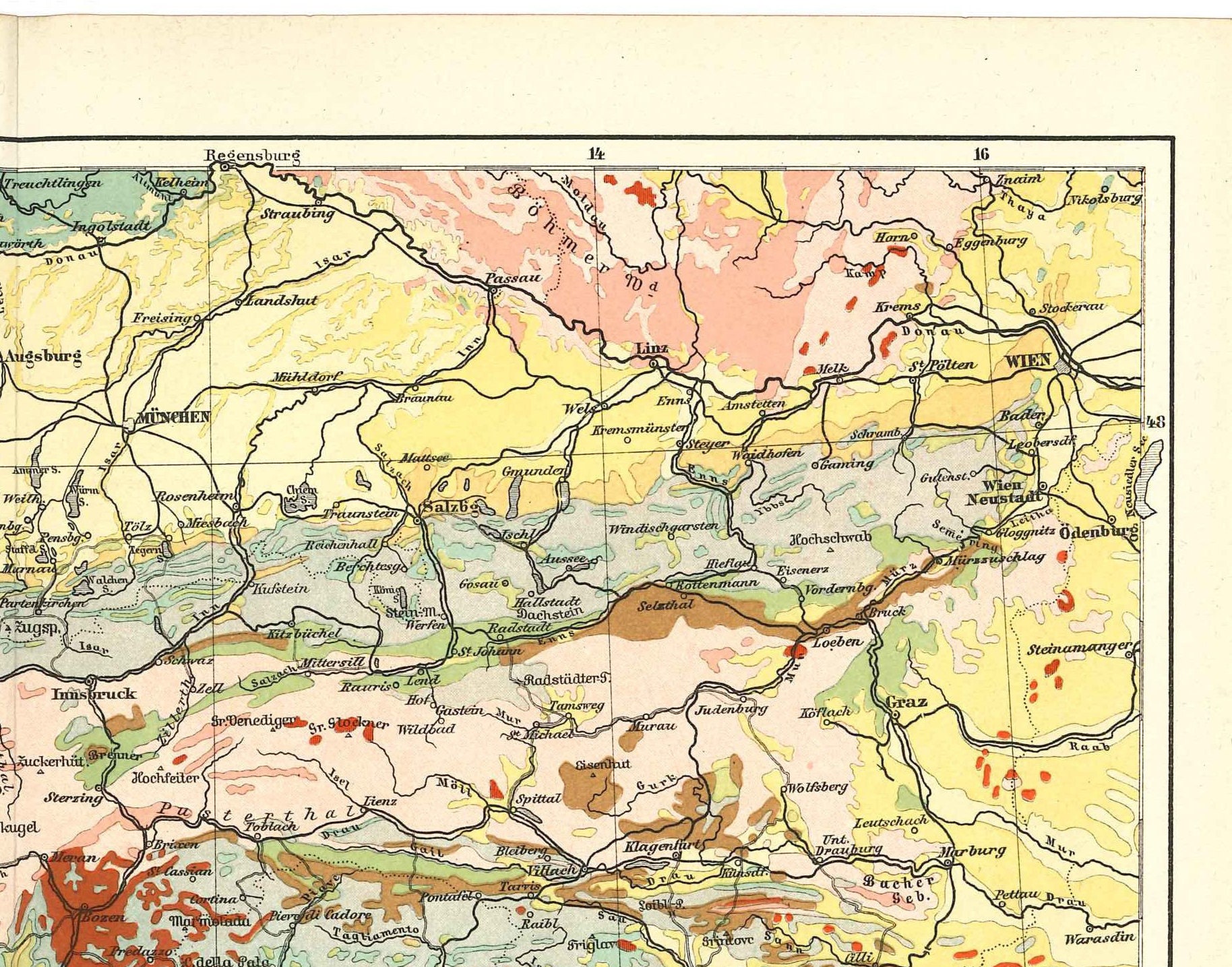 Original 1894 Antique Colour Lithography Print Map of Alps Italy ...