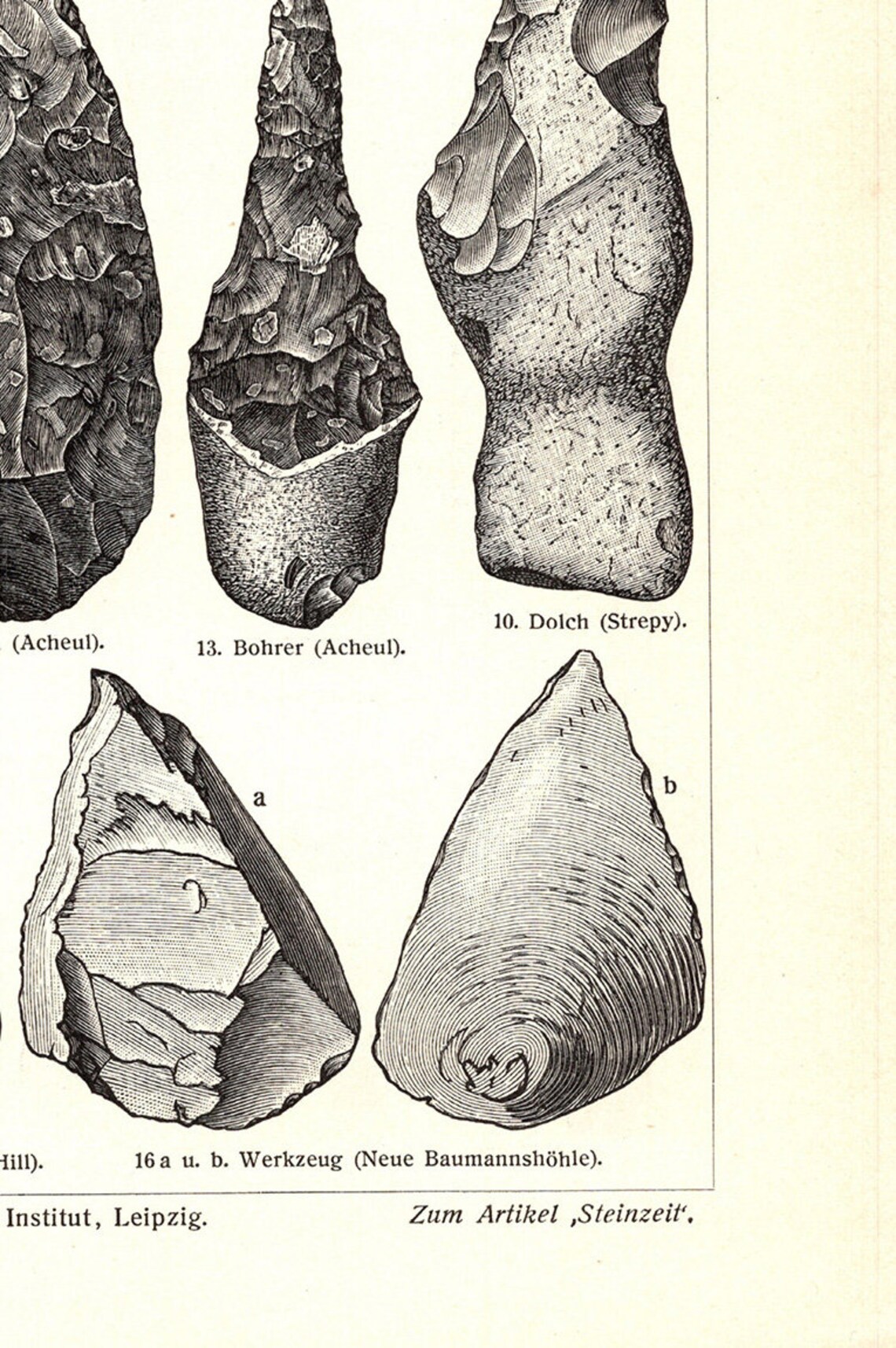 Original 1908 Antique Colour Lithography Print of Stone Age Group ...