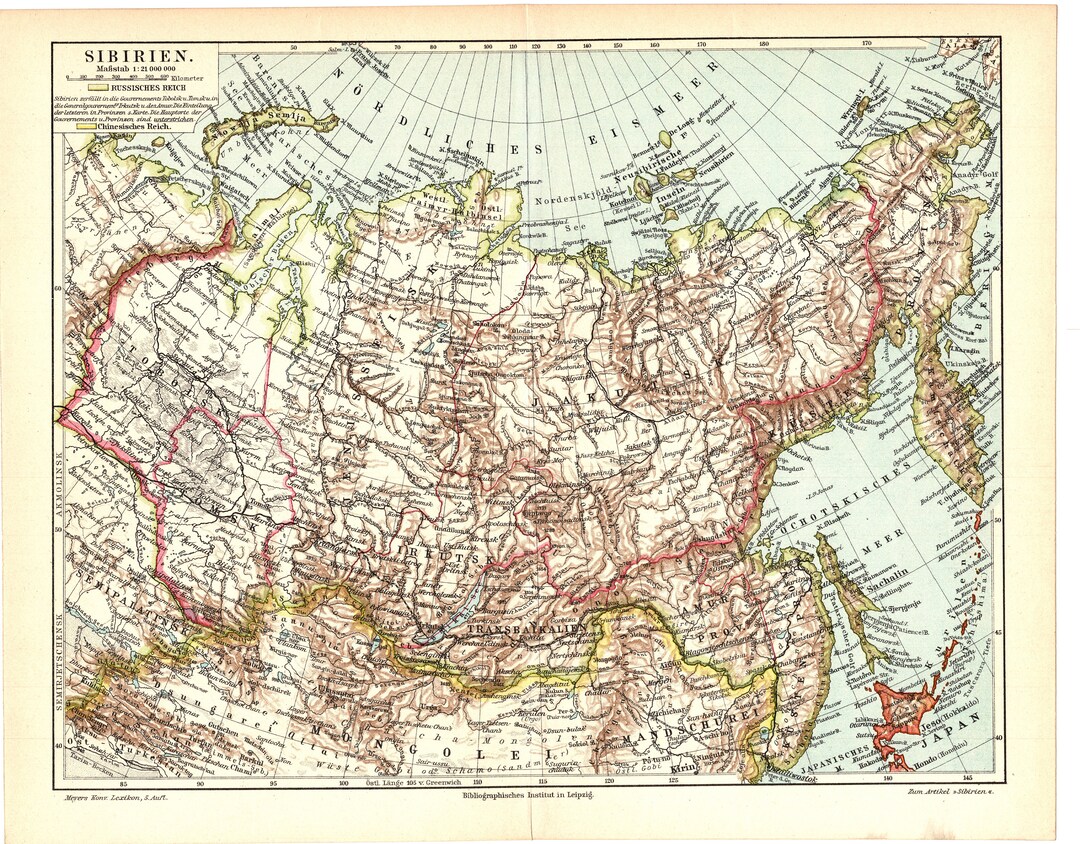 Original 1897 Antique Colour Lithography Print Historic Map Siberia ...