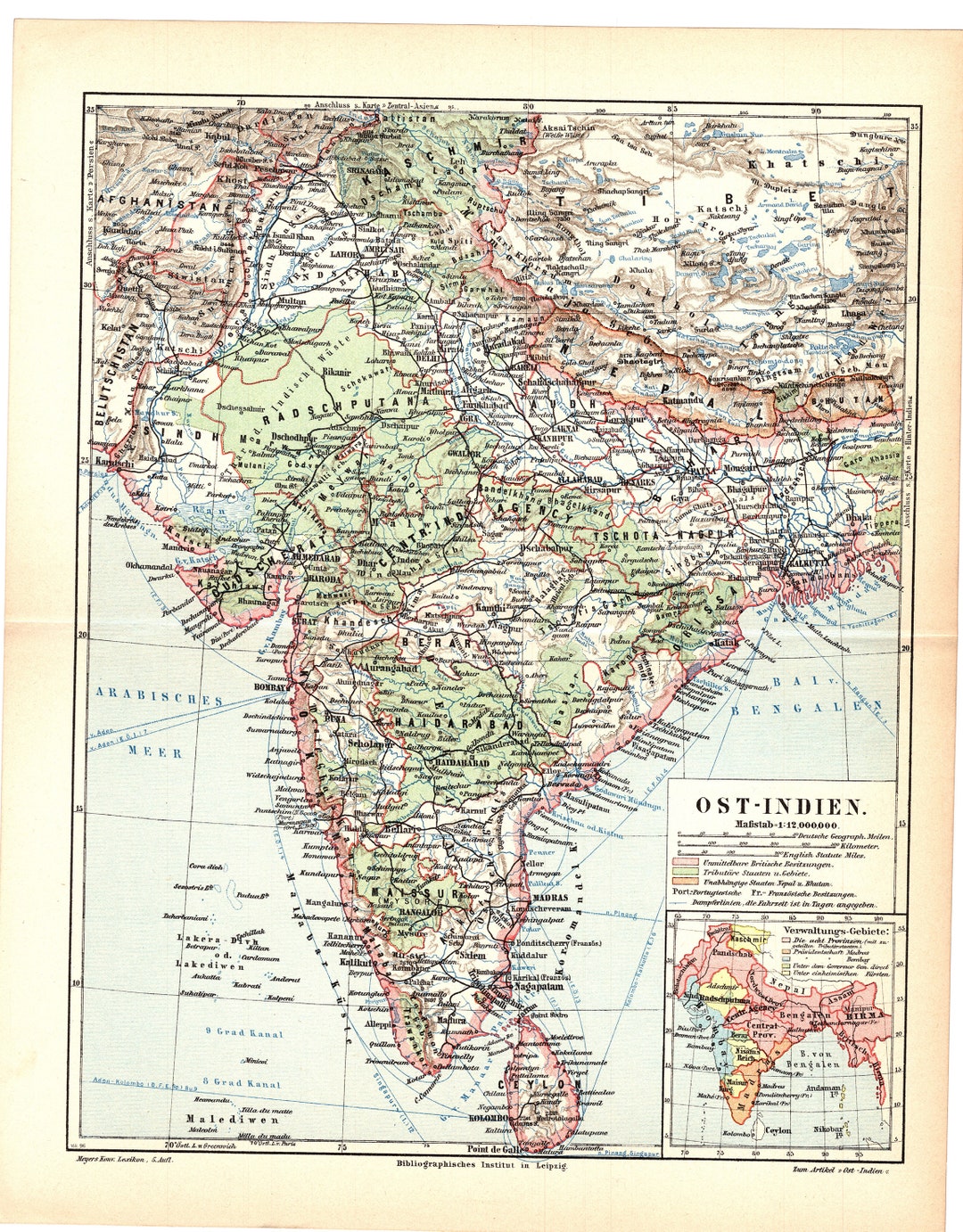 Original 1897 Antique Colour Lithography Map British Raj India ...