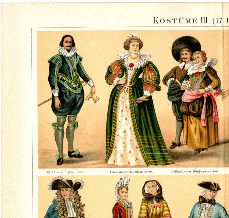 Original 1896 Antique Colour Lithography Print of Traditional Costumes ...