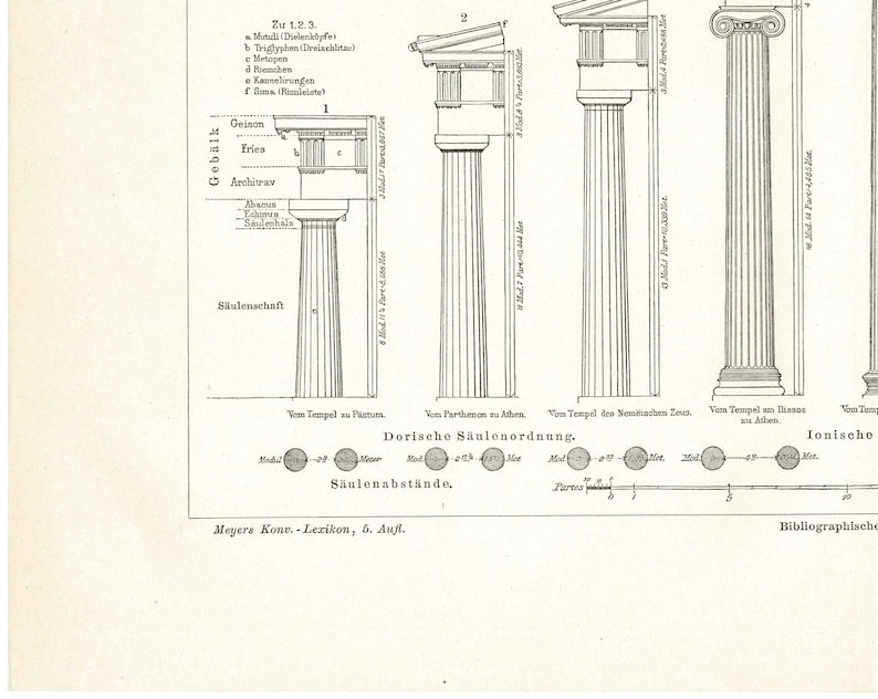 Original 1897 Antique Lithography Print Ancient Columns Säulenordnungen ...