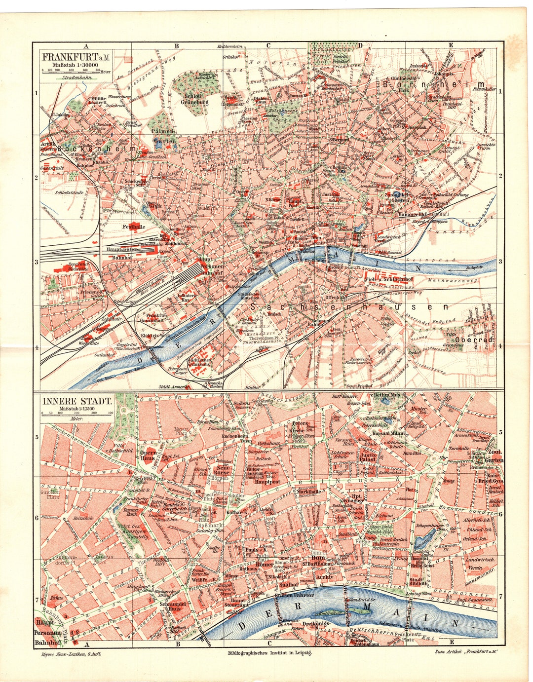 Original 1907 Antique Colour Lithography Print of Map City Frankfurt ...