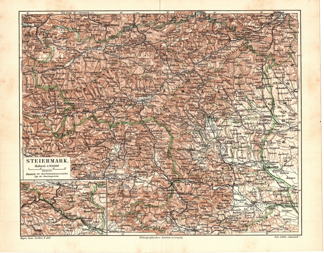 Original 1908 Antique Colour Lithography Print Map of Steiermark Styria ...