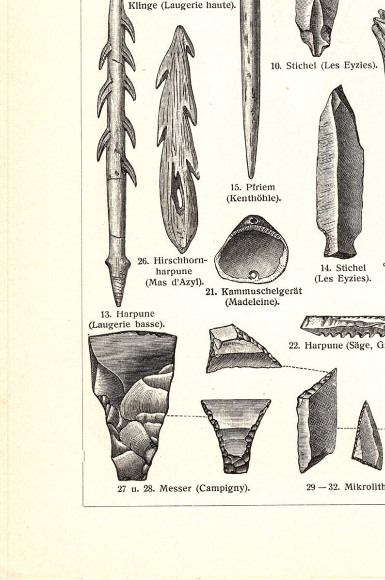 Original 1908 Antique Colour Lithography Print of Stone Age Group ...