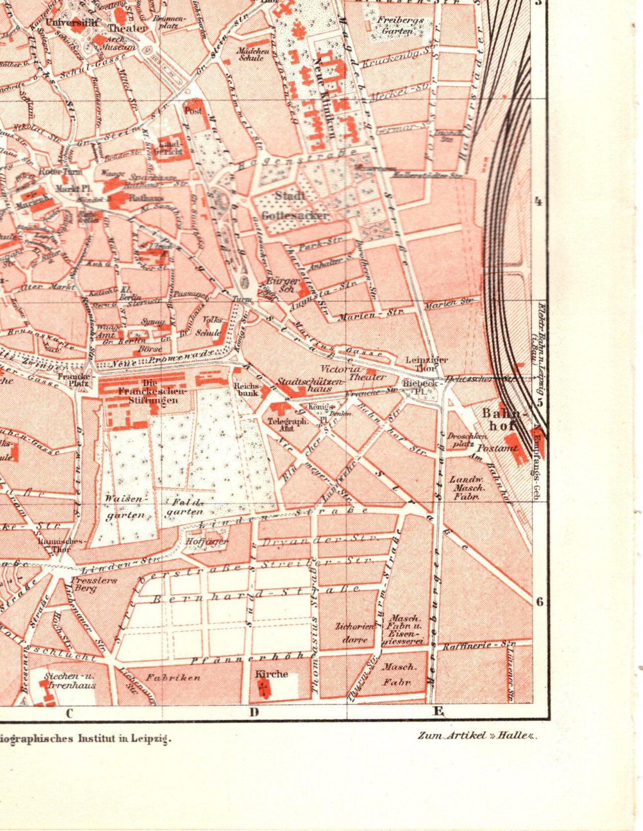 Original 1895 Antique Colour Lithography Print of a Map of Halle (saale ...