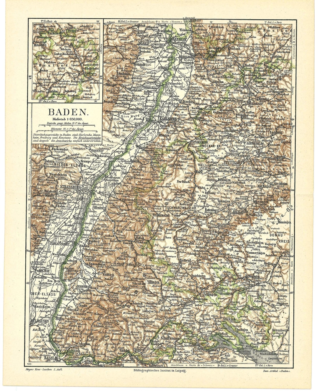 Original 1897 Antique Colour Lithography Print of a Beautiful Map of ...