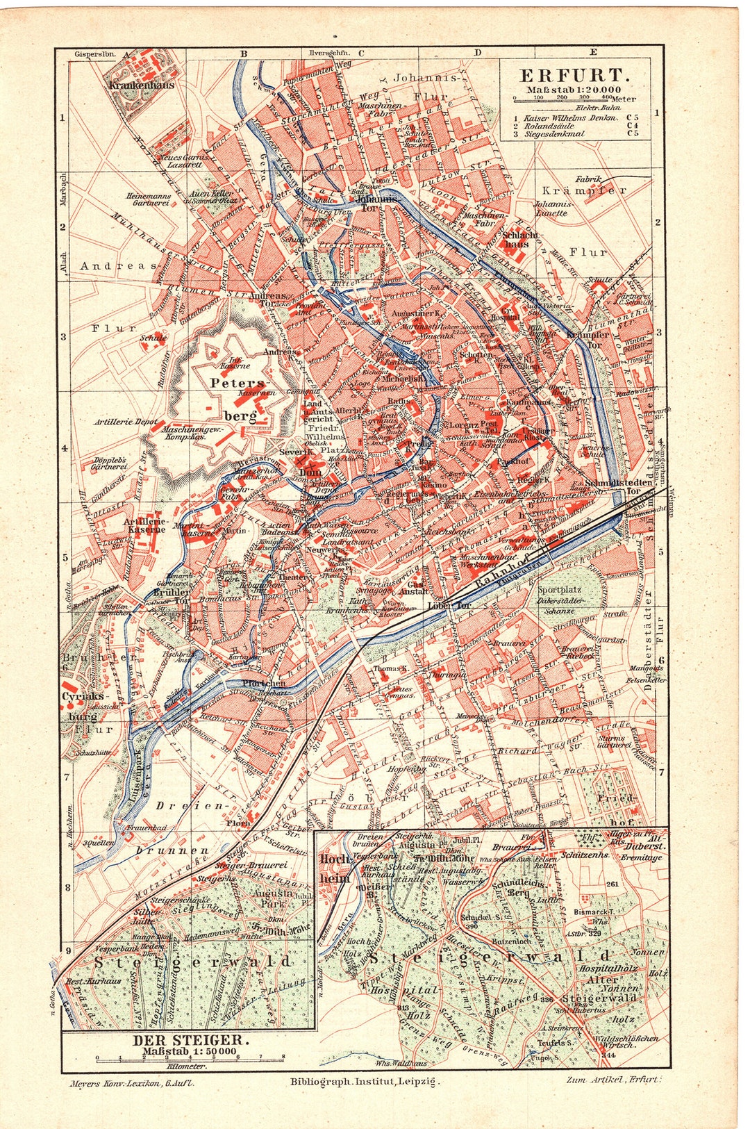 Original 1907 Antique Colour Lithography Print of a Map Erfurt Germany ...