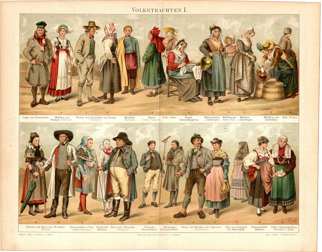 Original 1897 Antique Colour Lithography Print of Traditional Costumes ...