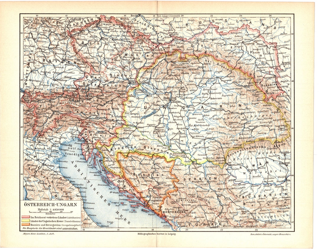 Original 1897 Antique Colour Lithography Print Beautiful Map Austrian ...