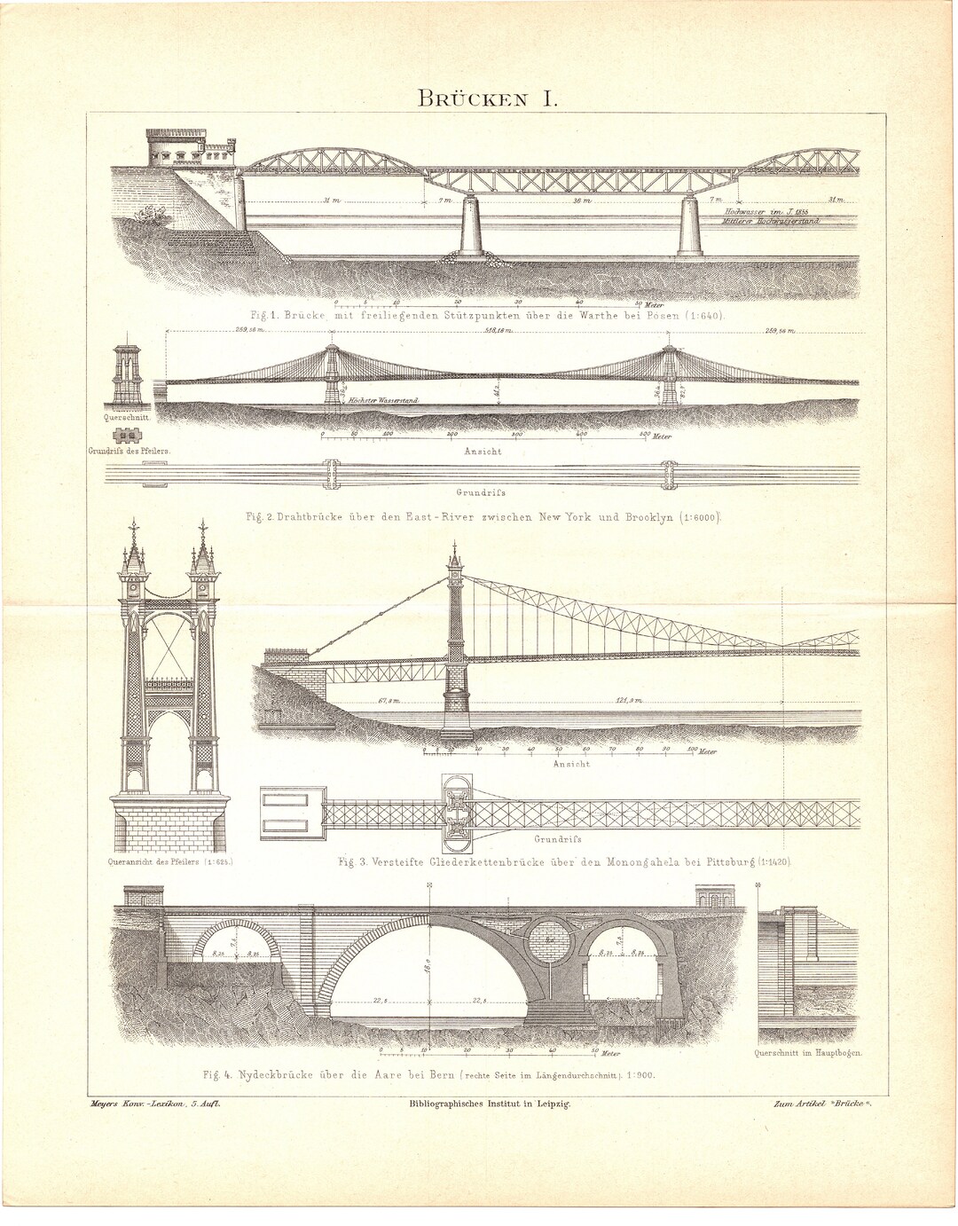Original 1893 Antique Lithography Print - Iron Bridges Engineering ...