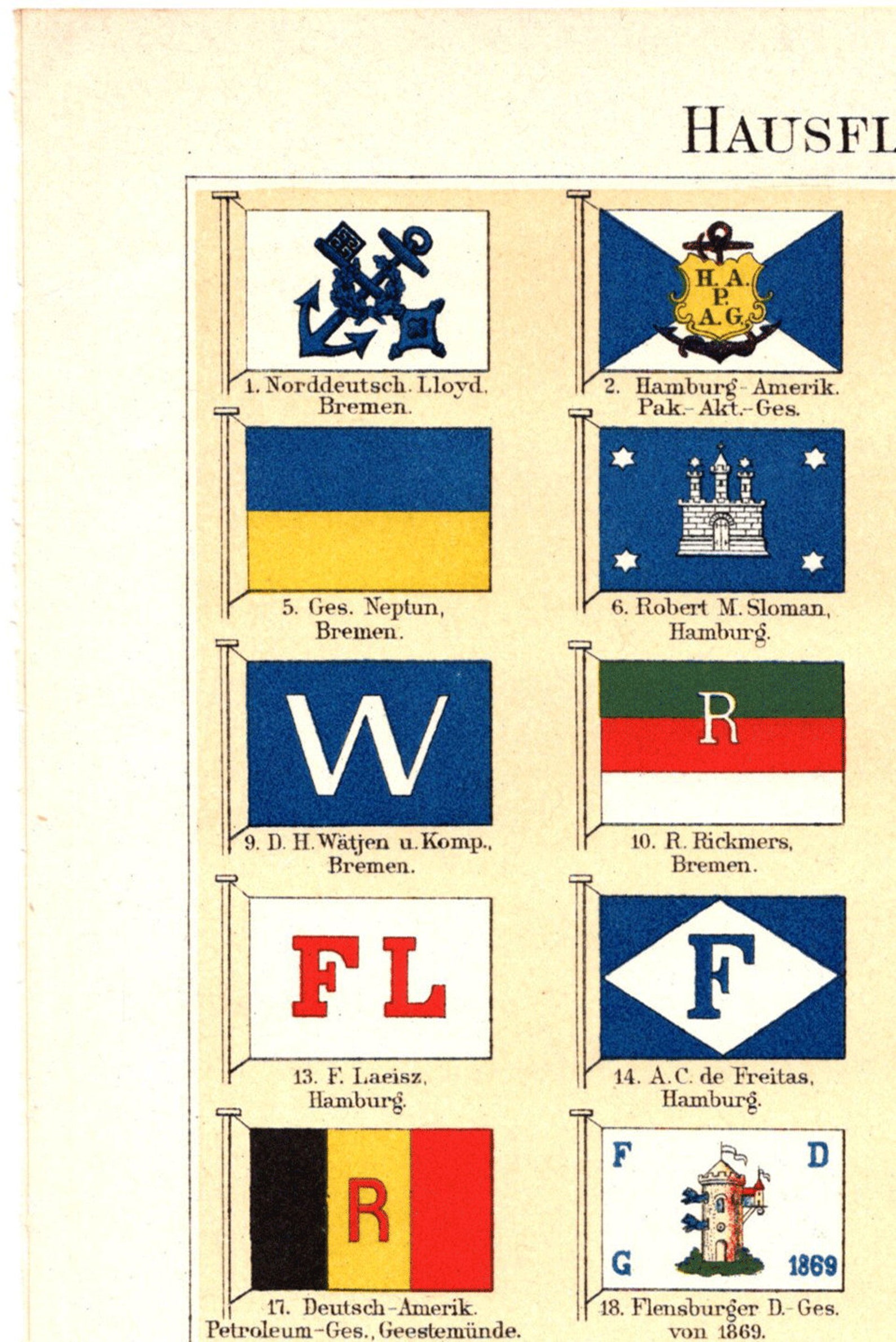 Original 1895 Antique Colour Lithography Print House Flags Historic ...