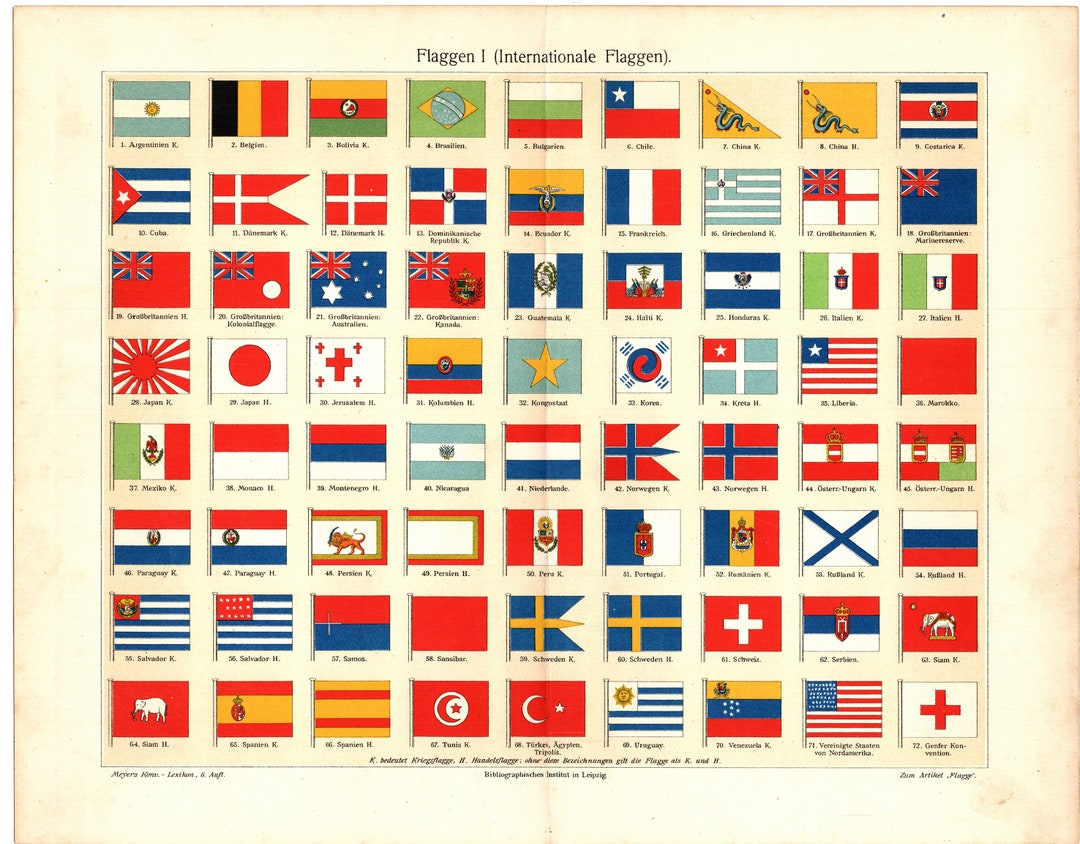 Original 1907 Antique Colour Lithography Print of International Flags ...