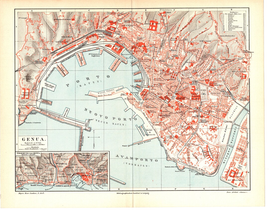 Original 1897 Antique Colour Lithography Print of Map City Genua Genoa ...