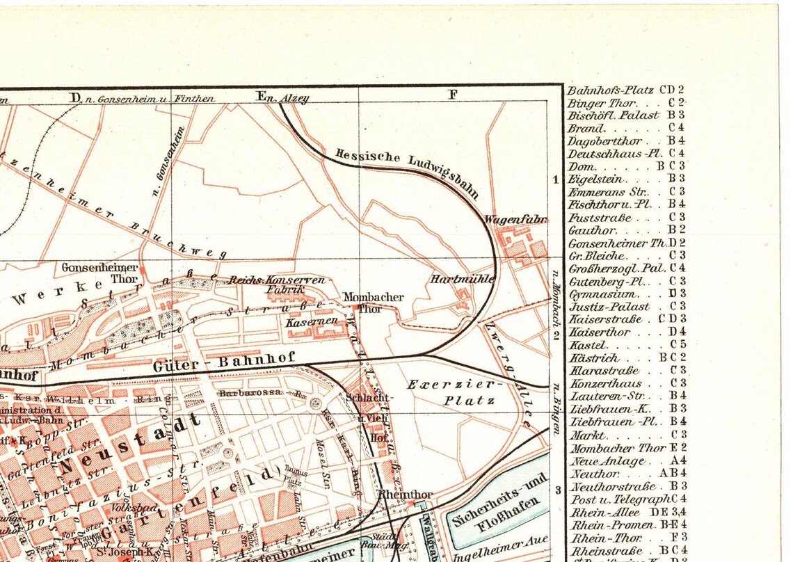 Original 1897 Antique Colour Lithography Print Map Mainz Western ...