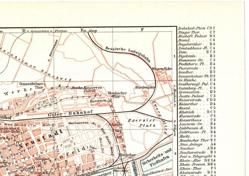 Original 1897 Antique Colour Lithography Print Map Mainz Western ...