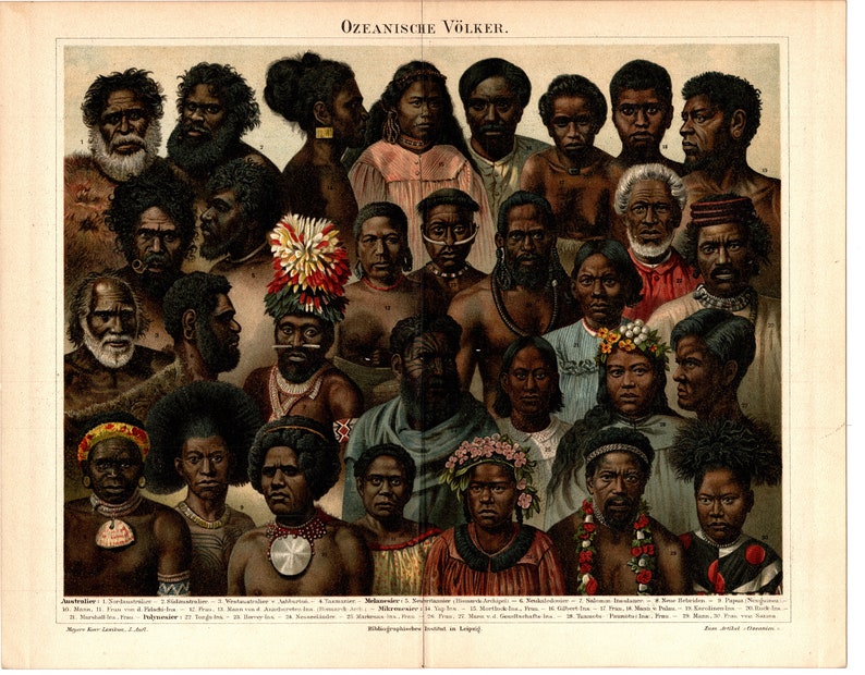 Original 1897 Antique Colour Lithography Print Oceanic Peoples ...
