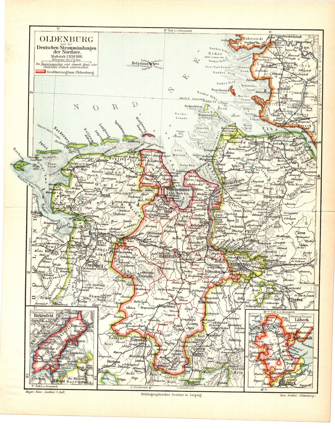Original 1897 Antique Colour Lithography Map of Hanover Schleswig ...