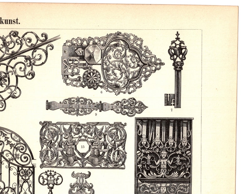 Original 1897 Antique Colour Lithography Print of Antique Gates Locks ...