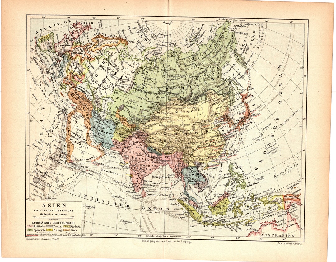 Original 1893 Antique Colour Lithography Print of a Physical Geographic ...