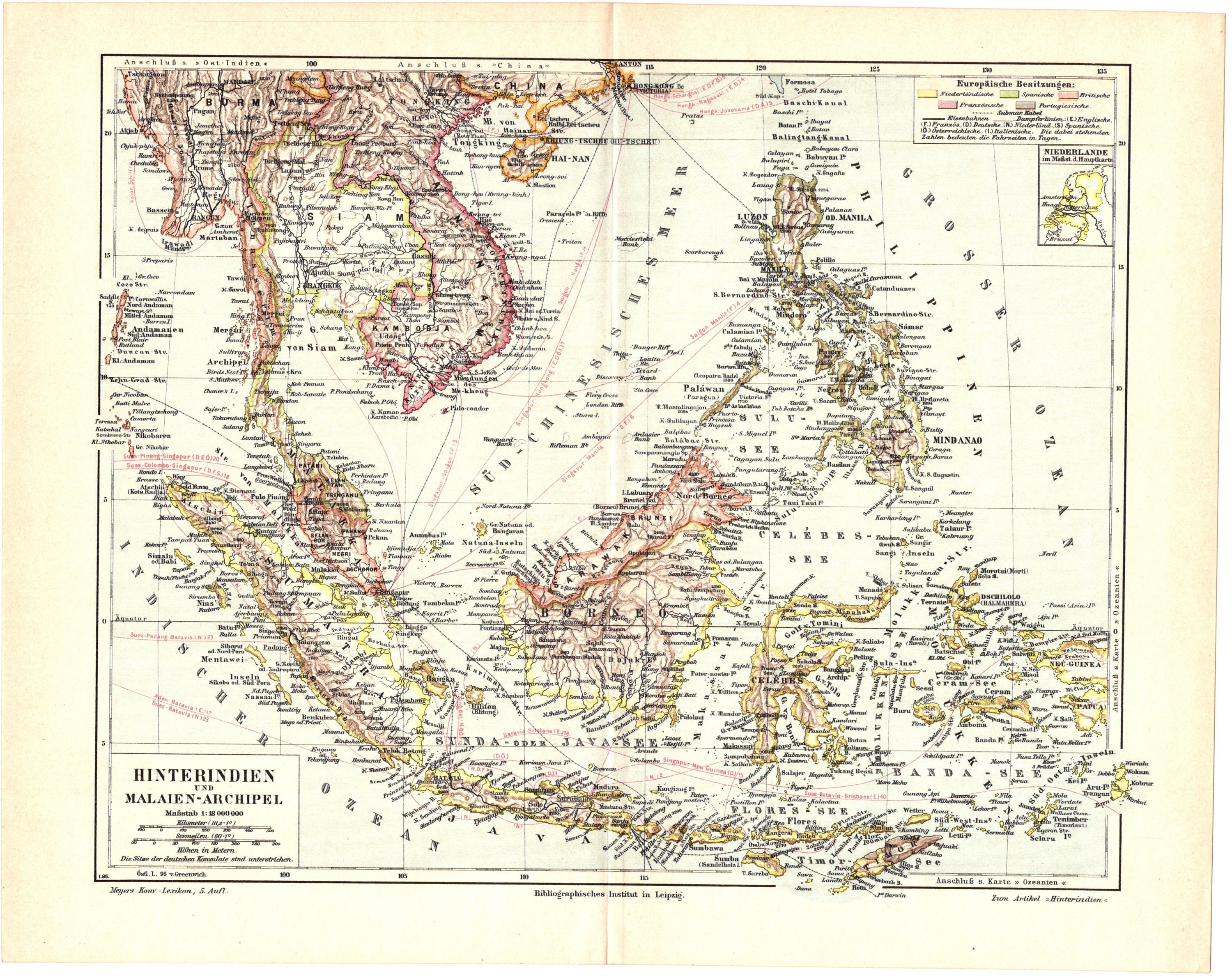 Original 1893 Antique Colour Lithography Print of a Beautiful Map of ...