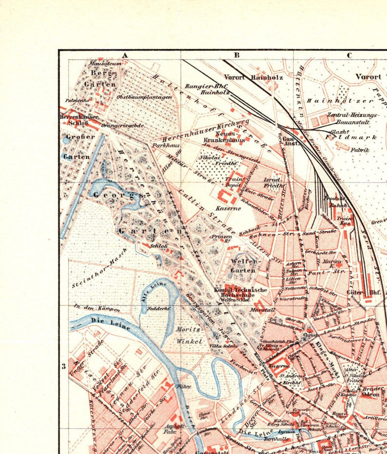 Original 1895 Antique Colour Lithography Print of Map of Hannover ...