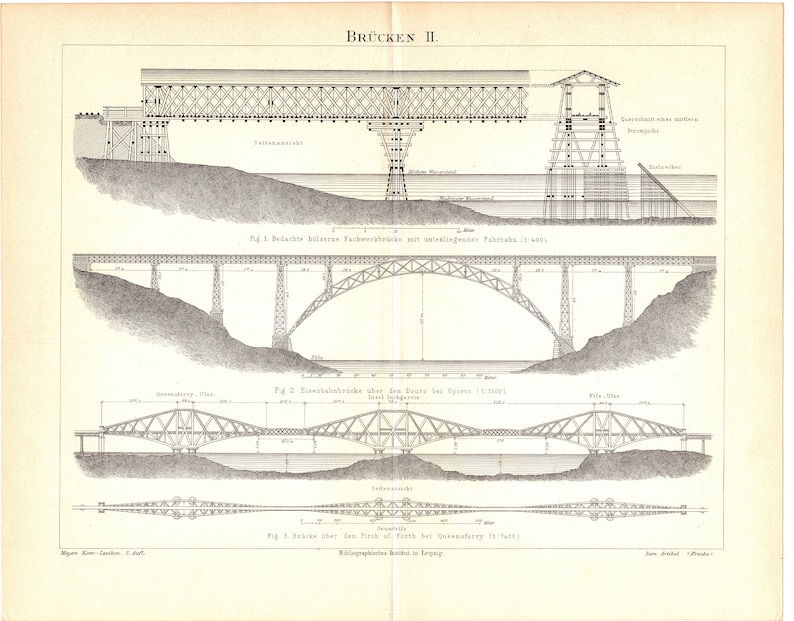 Original 1893 Antique Lithography Print Iron Bridges Engineering ...